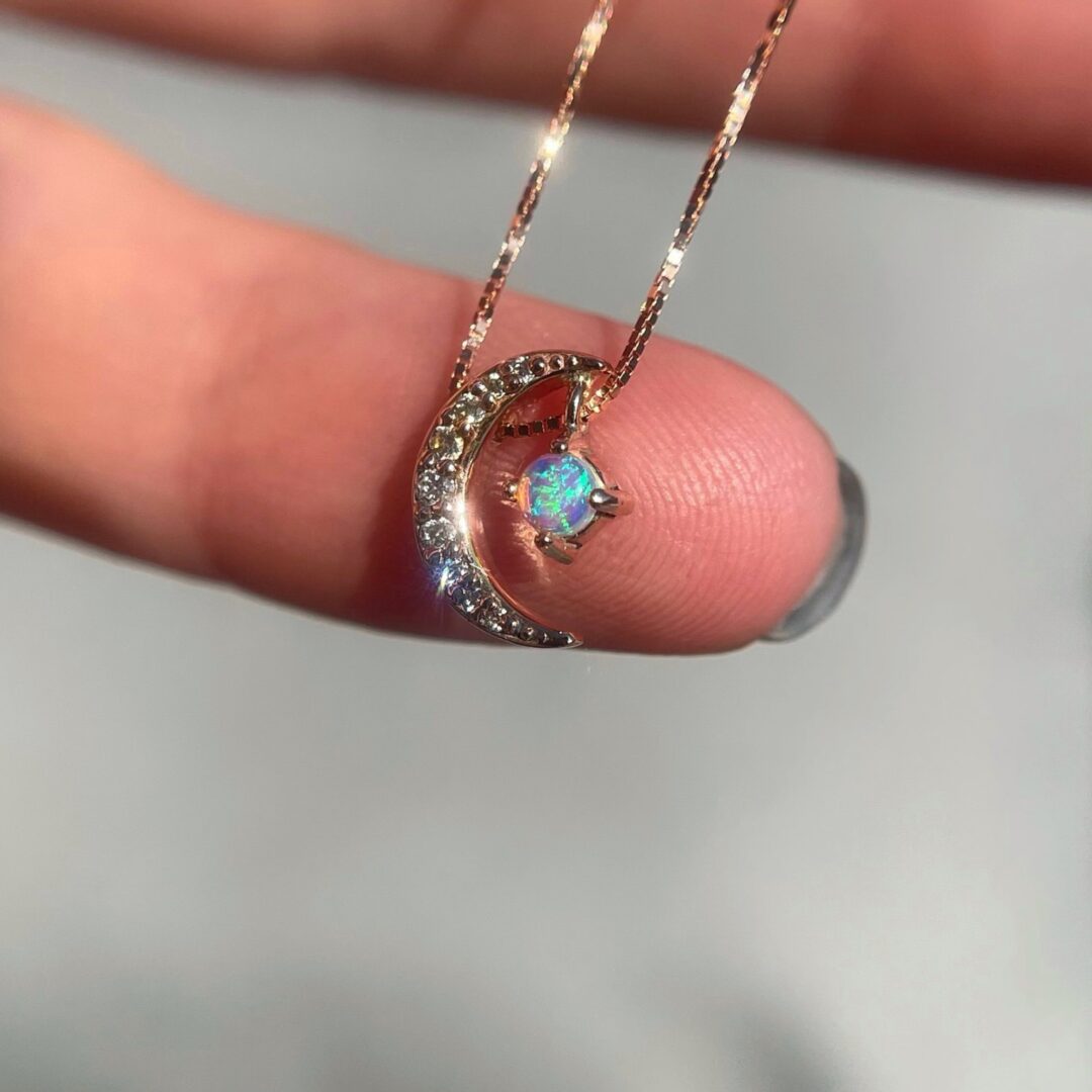Crescent Moon necklace with Australian Crystal Opal and Diamonds ...